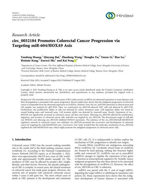 Pdf Circ0052184 Promotes Colorectal Cancer Progression Via Targeting Mir 604hoxa9 Axis