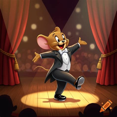 Jerry Mouse Tap Dances In A Tuxedo And Tap Shoes On A Spotlighted Stage
