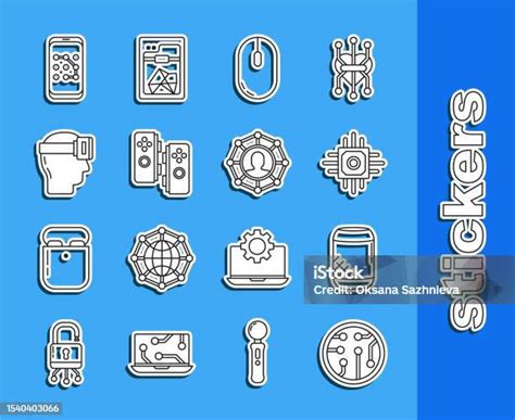 라인 프로세서 음성 어시스턴트 컴퓨터 마우스 게임 패드 가상 현실 안경 모바일 및 그래픽 암호 보호 및 프로젝트 팀 기본 아이콘을 설정합니다 벡터 3차원 형태에 대한 스톡