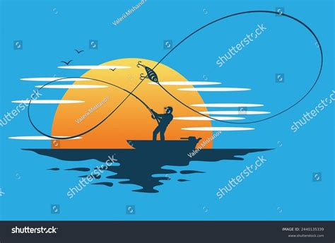 Man Catches Fish Fishing Rod Sunset Stock Vector Royalty Free 2440135339 Shutterstock