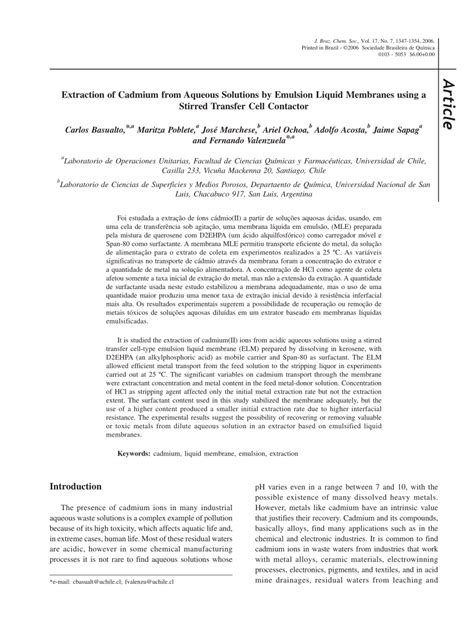 Pdf Extraction Of Cadmium From Aqueous Solutions By Emulsion Liquid Membranes Using A Stirred