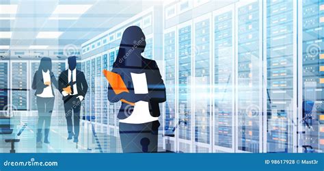 silhouette people working in data center room hosting server computer