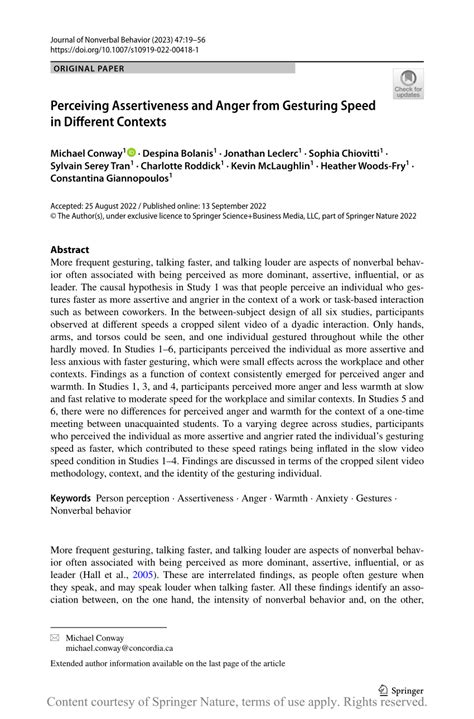 Perceiving Assertiveness And Anger From Gesturing Speed In Different