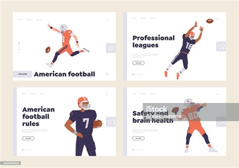 미식 축구 스포츠 클럽 온라인 서비스를 위한 랜딩 페이지 디자인 템플릿의 격리된 집합 Championship에 대한 스톡 벡터 아트 및 기타 이미지