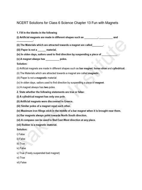 Ncert Solutions For Class 6 Science Chapter 13 Fun With Magnets Pdf Magnet Magnetism