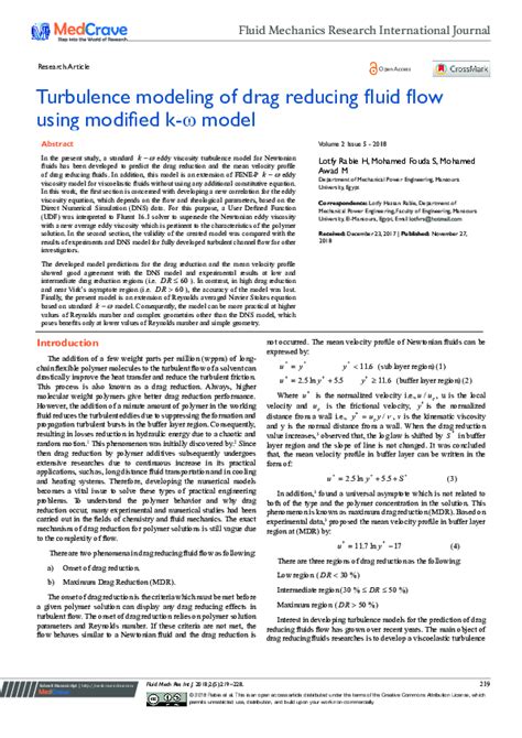 Pdf Turbulence Modeling Of Drag Reducing Fluid Flow Using Modified K ω Model