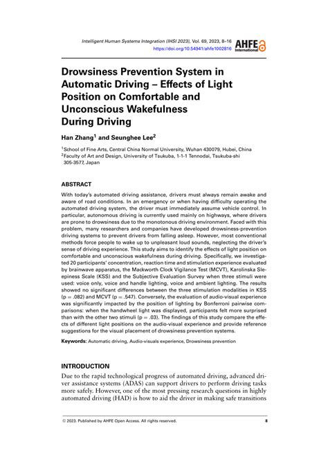 Pdf Drowsiness Prevention System In Automatic Driving Effects Of Light Position On