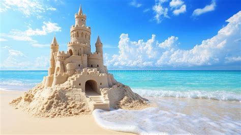 Sandcastle On A Sunny Beach With Ocean Waves Summer Vacation