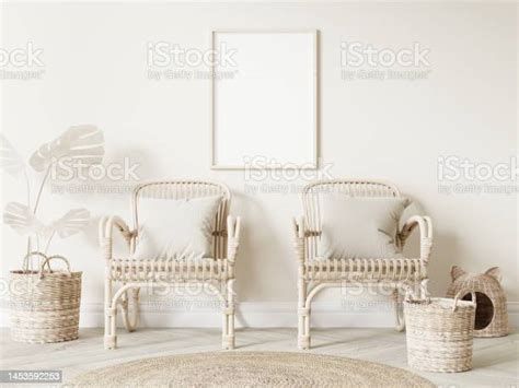 Boho 스타일의 인테리어로 된 프레임과 포스터 모형 3d 렌더링 3d 일러스트레이션 0명에 대한 스톡 사진 및 기타 이미지 0명 3차원 형태 가구 Istock
