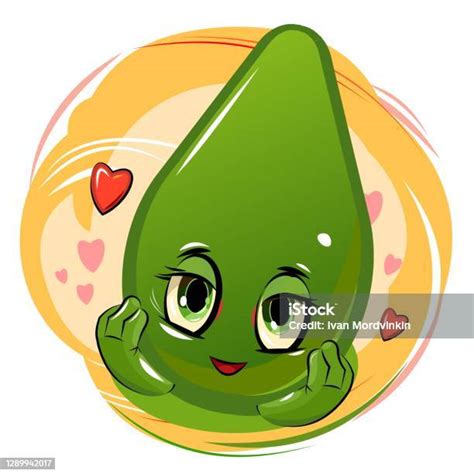 아보카도 쾌활한 미소 총구와 육즙 붉은 과일 만화 스타일 흰색 배경 위에 격리 벡터 그림입니다 밝은 여름 구성 0명에 대한 스톡