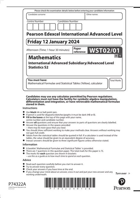 Pearson Edexcel 2024 International Advanced Level Mathematics Paper 2 Advanced Level Statistics