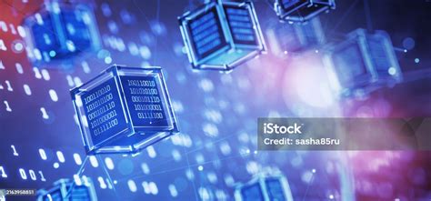 Digital Technologies Cube With Binary Code Blockchain Artificial
