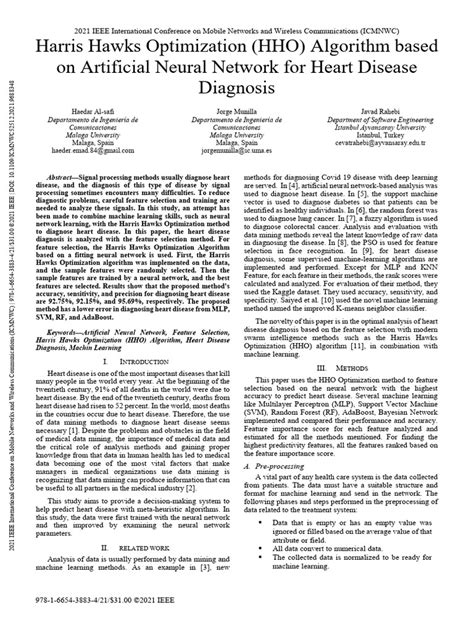 Harris Hawks Optimization Hho Algorithm Based On Artificial Neural Network For Heart Disease
