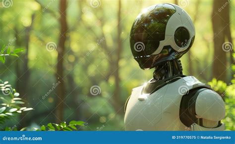 robot figure explores lush forest environment stock illustration