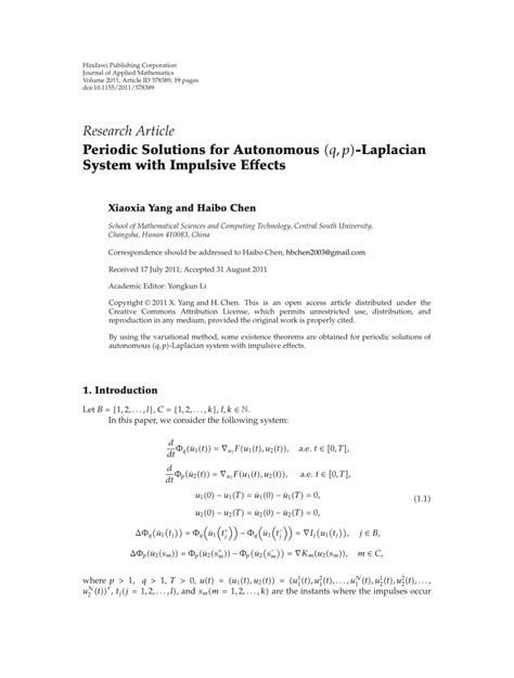 Pdf Periodic Solutions For Autonomous 𝑞 𝑝 Laplacian System With Impulsive Effects