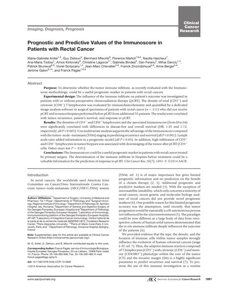 Pdf Prognostic And Predictive Values Of The Immunoscore In Patients With Rectal Cancer