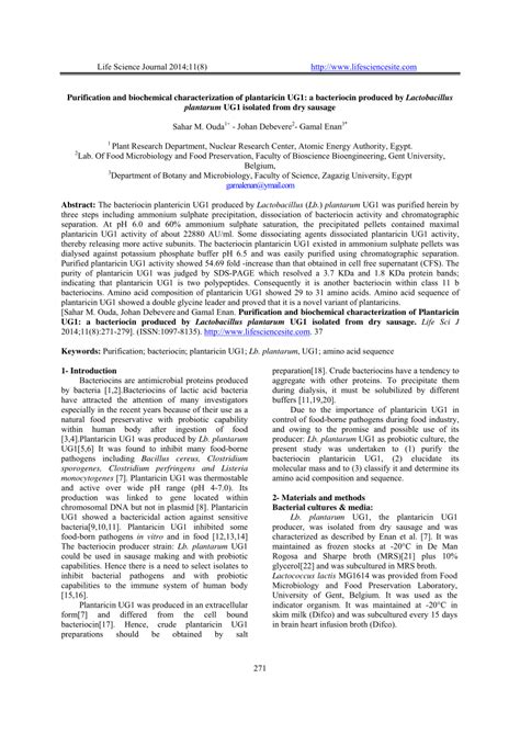 Pdf Purification And Biochemical Characterization Of Plantaricin Ug1 A Bacteriocin Produced