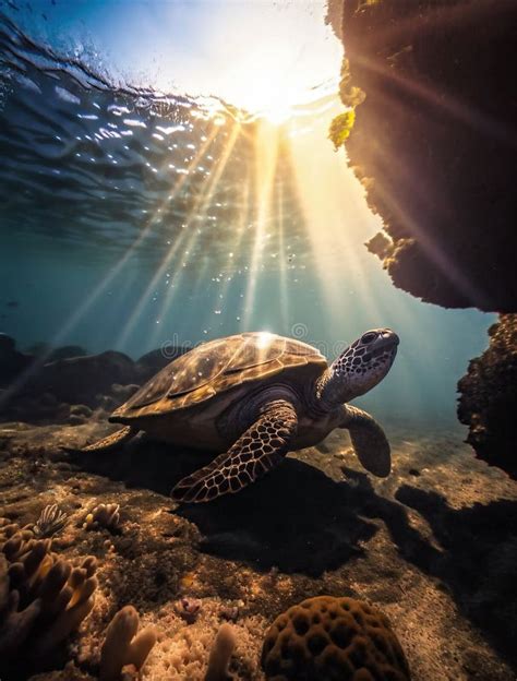 Beautiful Underwater Postcard Maldivian Sea Turtle Floating Up And