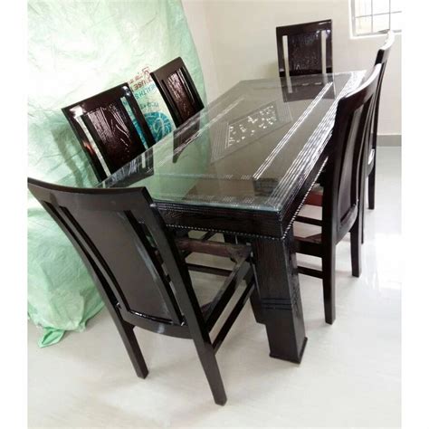 Rectangular Glass Top Rubber Wood Dark Brown Dinning Table Set 6