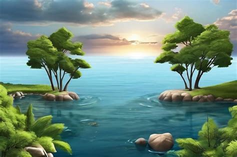 Premium Photo Natural Lake Ocean And Trees Wallpaper