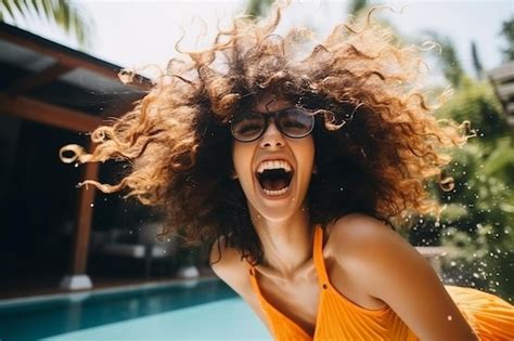 Summer Positive Portrsit Of Brunette Woman In Bikini Having Fun At