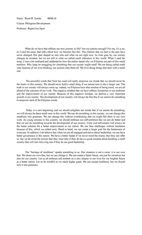 The Heritage Of Smallness Name Rezel B Yamba Bsse Ii Course Philippine Development