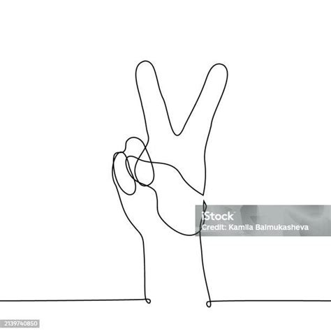 인간의 손은 집게 손가락과 가운데 손가락을 올렸다 하나의 선 그리기 벡터 평화 제스처 개념 0명에 대한 스톡 벡터 아트 및 기타