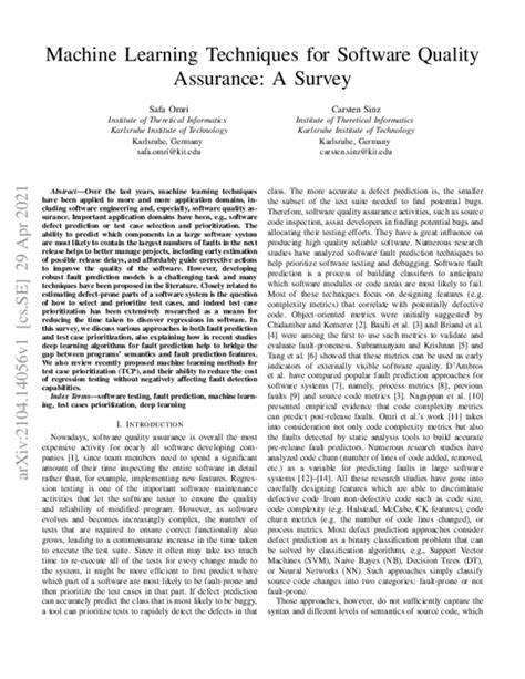 Pdf Machine Learning Techniques For Software Quality Assurance A Survey