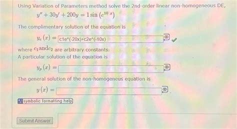 Solved Using Variation Of Parameters Method Solve The Chegg