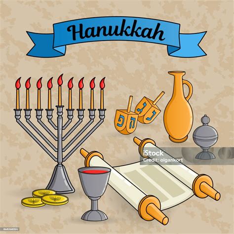 유태인 휴일 Hanukkah 인사말 카드입니다 전통적인 Menora 촛불 와인 오일 용기 율법 스크롤 히브리어 문자로 Dreidel 컵 상자 향 벡터 일러스트 레이 션 0