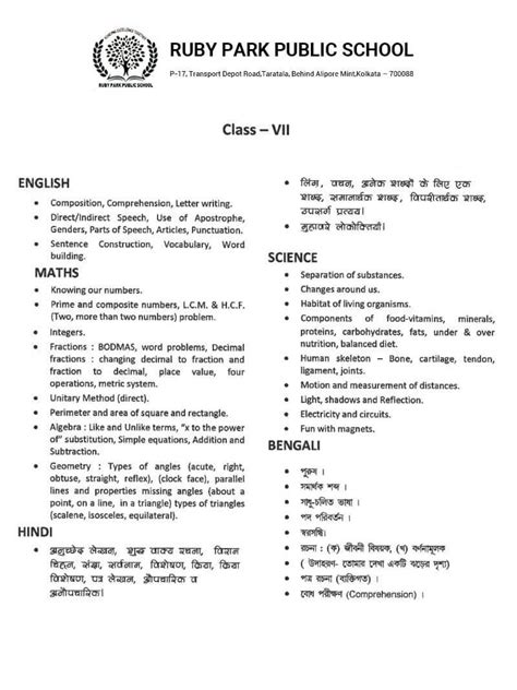 Syllabus For Assessment Ruby Park Public School