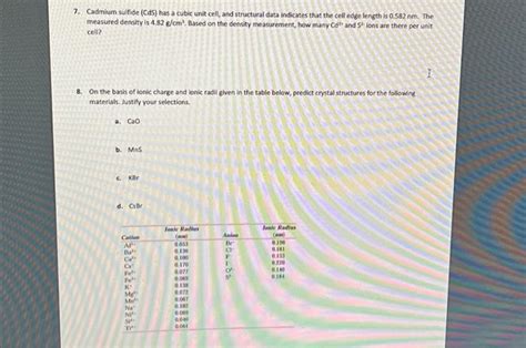 Solved 7 Cadmium Sulfide Cds Has A Cubic Unit Cell And