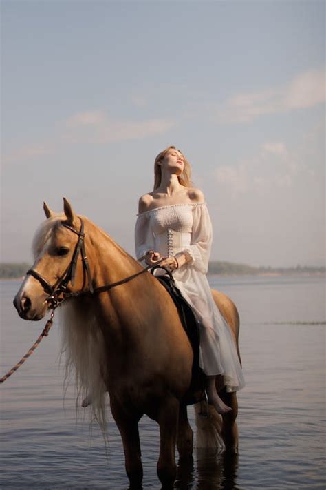 집 밖의 가벼운 경치 경치가 좋은 고요한 국가 금발 긴 머리 낭만적인 라이딩 레저 레크리에이션 말 모델