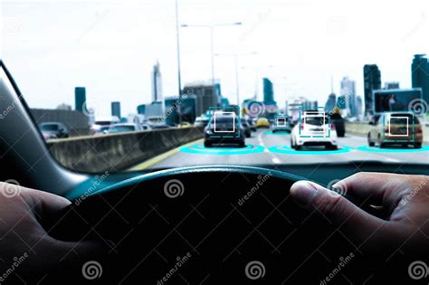 Driver View With Advanced Car Safety Features Car Detection Sensors To Warn Of Collisions