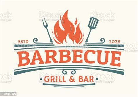바베큐 로고 바비큐 불이 있는 그릴 아이콘 그릴 포크 주걱 레스토랑 라벨 또는 배지 빈티지 디자인 벡터 그림입니다 돼지에 대한