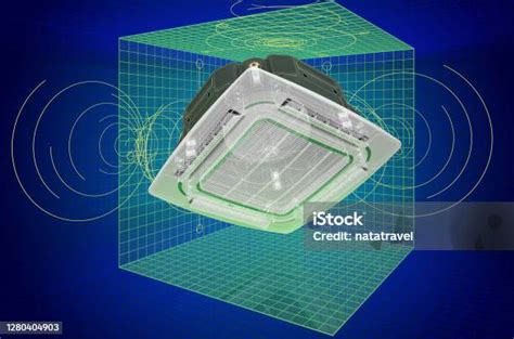 천장 카세트 단위의 시각화 3d Cad 모델 에어컨의 실내 단위 청사진 3d 렌더링 0명에 대한 스톡 사진 및 기타 이미지