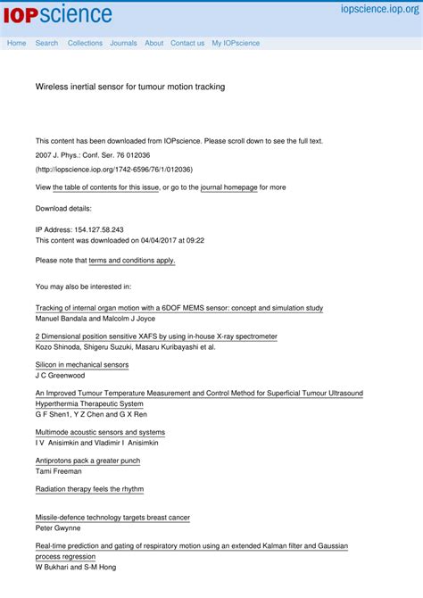 Pdf Wireless Inertial Sensor For Tumour Motion Tracking