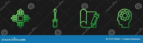 Set Line Graphing Paper And Pencil Processor With Microcircuits Cpu Screwdriver And Human Head