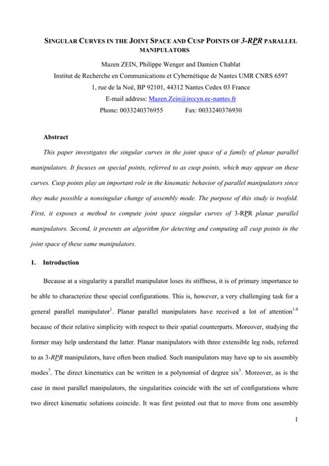 Pdf Singular Curves In The Joint Space And Cusp Points Of 3 Rpr Parallel Manipulators