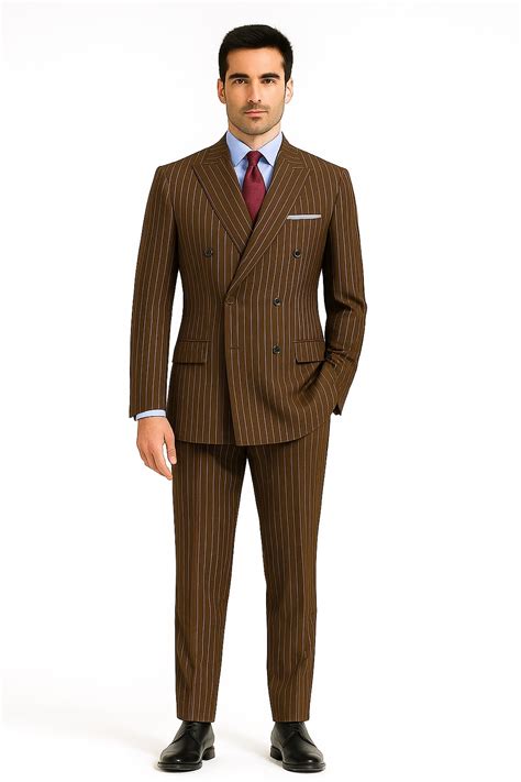 Mens Brown Pinstripe Double Breasted Suit Classic 6 Button Business