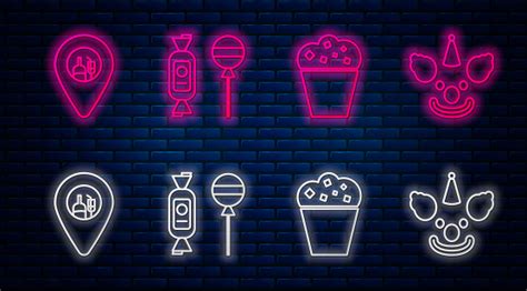 세트 라인 롤리팝 골판지 상자에 팝콘 알코올 또는 맥주 바 위치와 광대 머리 벽돌 벽에 빛나는 네온 아이콘입니다 벡터 나선형에 대한 스톡 벡터 아트 및 기타 이미지 Istock