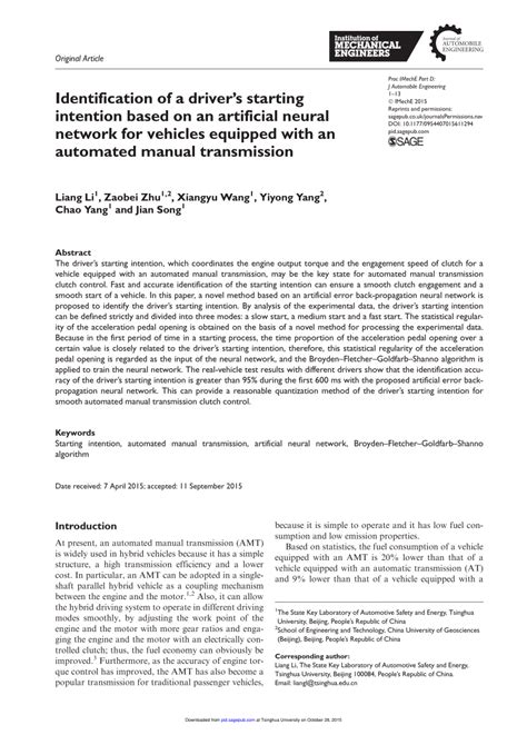 Pdf Identification Of Drivers Starting Intention Based On Artificial Neural Network For