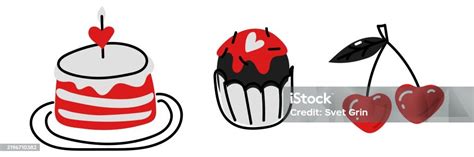 케이크 머핀 체리 세트 하트가 있는 낙서 컵 케이크의 스케치 발렌타인 데이 파티를 위한 구운 디저트 손으로 그린 개체입니다 배터리의 선형 스케치 사랑 낙서 평면 그림으로