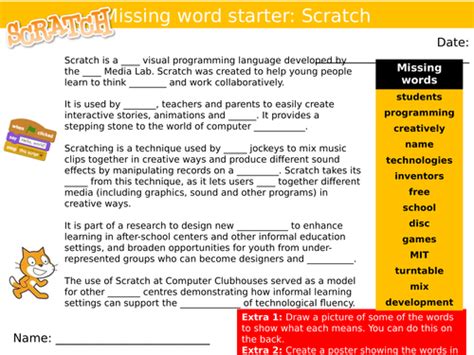 scratch programming missing words cloze ict computing starter activity