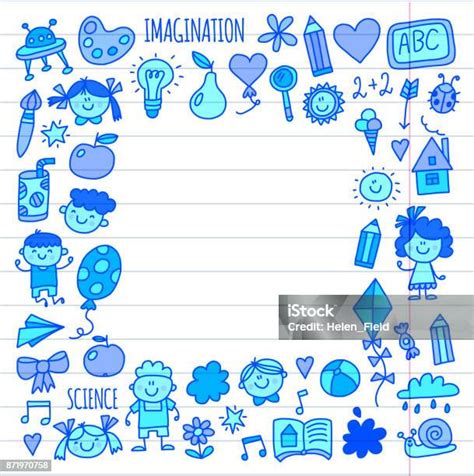 학교 유치원입니다 행복 한 아이 들 창의력 상상력 낙서 아이콘 아이 들과 함께입니다 재생 하 고 연구 하 고 행복 한 학생 과학