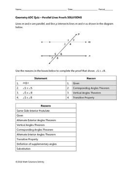 Geometry EOC Quiz Parallel Lines Proofs BUNDLE By Math Solutions Infinity