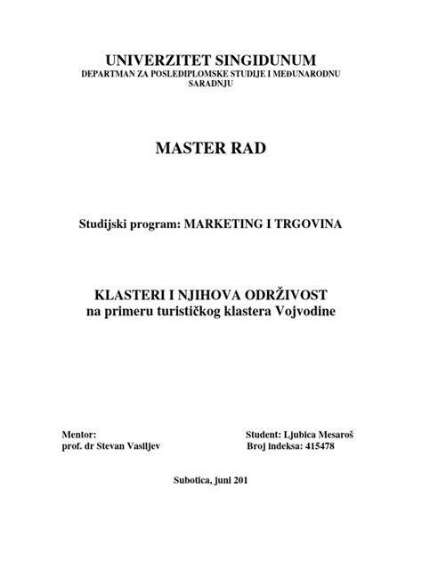 Mr Klasteri I Njihova Odrzivost Na Primeru Turistickog Klastera