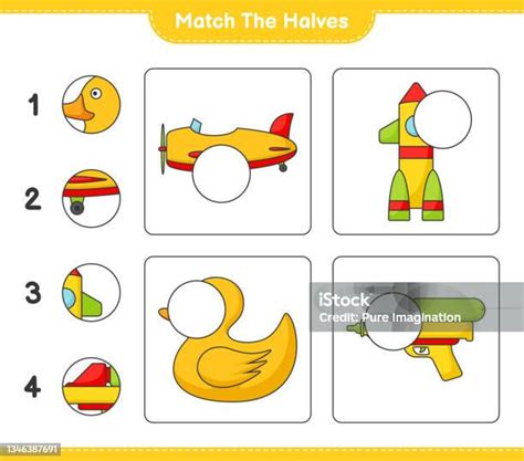반쪽을 일치시다 비행기 로켓 고무 오리 물총의 절반을 일치합니다 교육 어린이 게임 인쇄 워크 시트 벡터 일러스트레이션 0명에
