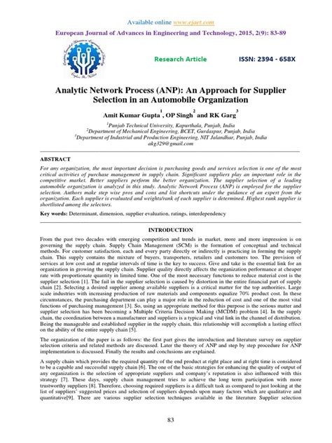 Analytic Network Process Anp An Approach For Supplier Selection In An Automobile
