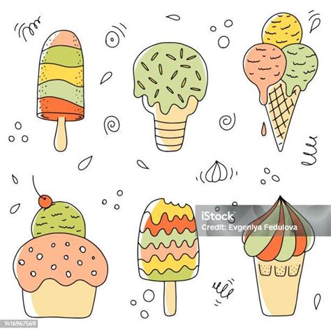 귀여운 벡터 아이스크림 세트 손으로 그린 달콤한 아이스크림 낙서 스타일로 만든 다양한 맛의 콘과 아이스크림 흰색 배경에 고립 됨 과일에 대한 스톡 벡터 아트 및 기타 이미지